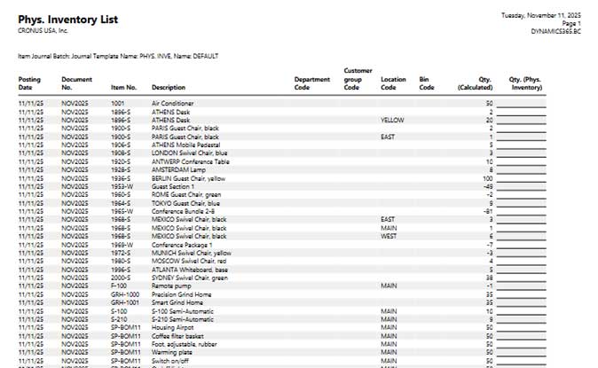 Physical Inventory Journal in Dynamics 365 Business Central